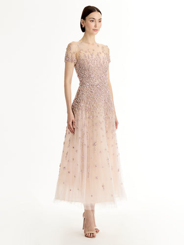 Porcelain Flower Crystal Embroidered Dress